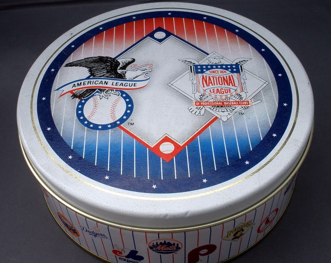 Vintage 1990 Major League BASEBALL Logos Round Olive Tin Box & Lid - Etsy