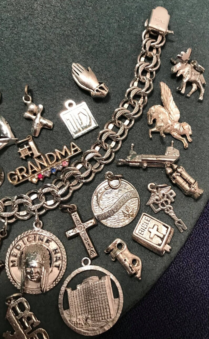 Charm Bracelet Sterling Silver 1960s/70s 27 LOOSE CHARMS + 2 925 ...