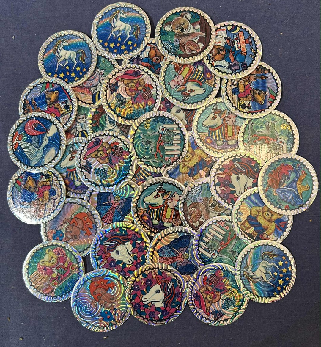 100 TEDDY BEARS Kitties Unicorns Pogs Pog NOS 1990s Reflective Vintage ...