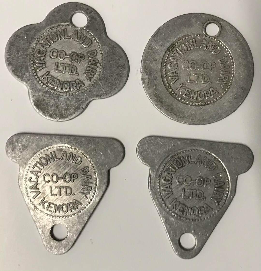 Vacationland Dairy Co-op Ltd 4 Milk Token Set Kenora Ontario Aluminium ...
