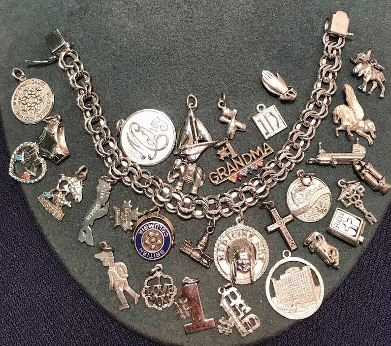 Charm Bracelet Sterling Silver 1960s/70s 27 LOOSE CHARMS + 2 925 ...