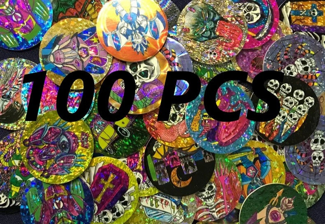 100 SKULLS Cars Monsters Etc Pogs Pog NOS 1990s REFLECTIVE Vintage ...