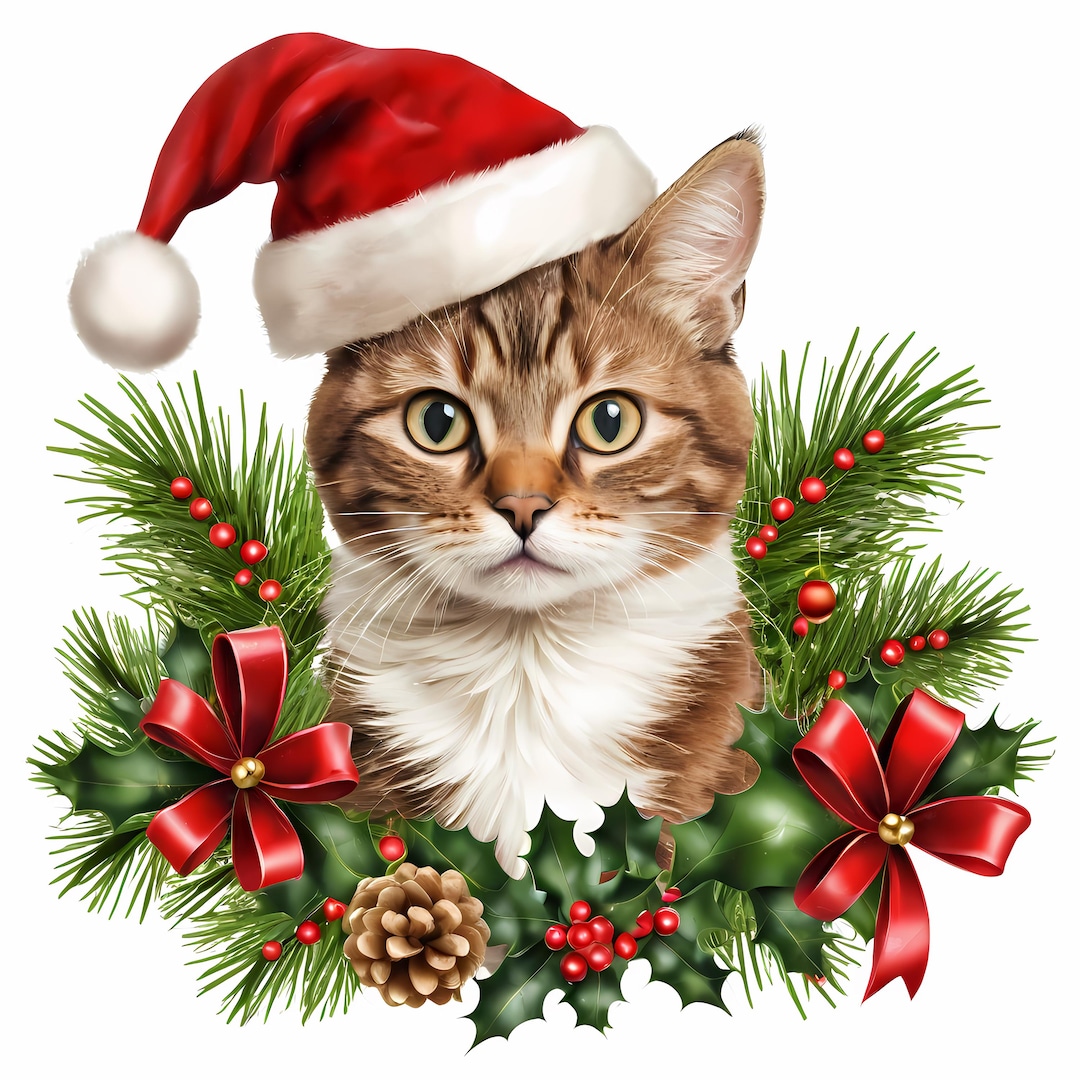 Whiskered Christmas Cat Clip Art High Res Watercolor Jpgs for Junk ...