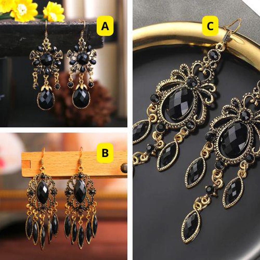 Black Teardrop Crystal Earrings, Vintage Boho Chandelier Dangle Jewelry for Women, Elegant ...