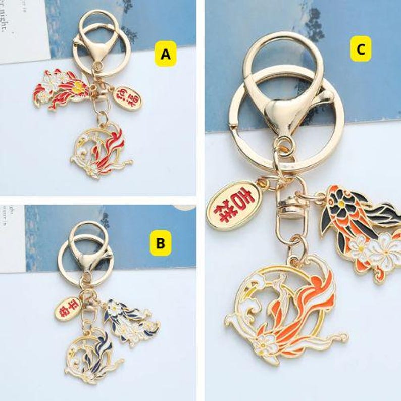 Gold Koi Fish Keychain With Japanese Floral Charm - Stylish Gift - Etsy