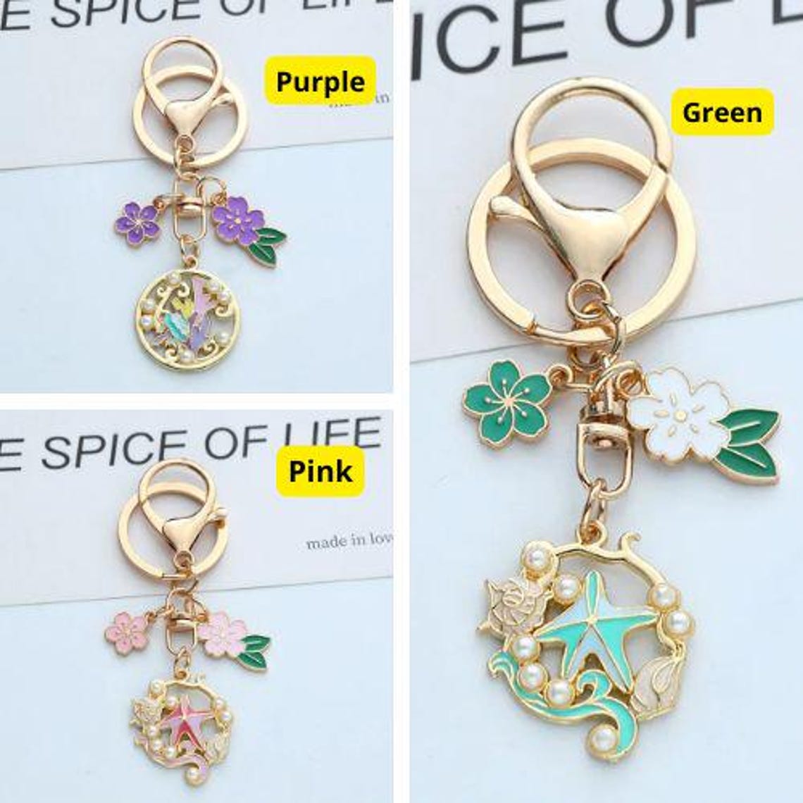 Purple Floral Keychain With Pearls - Elegant Gold Charm for Bags or ...