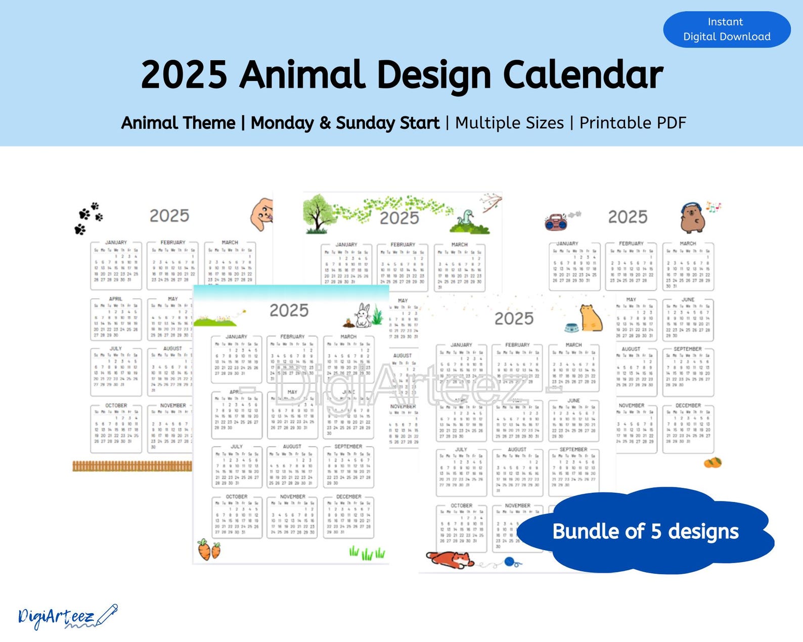 2025 Animal Bundle Calendar, Single Page Full Year Calendar, Portrait ...