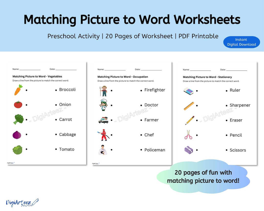 Matching Picture to Word Worksheets Preschool Kindergarten Activity ...