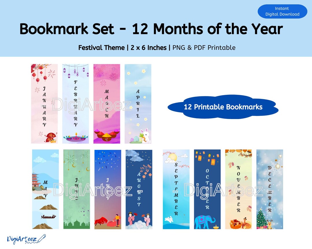 12 Monthly Printable Bookmarks Digital Download PNG Bookmark Set PDF ...