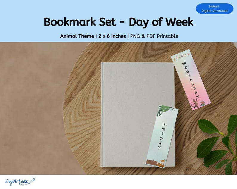 7 Days of Week Animal Theme Bookmarks, Digital Download PNG, Printable ...