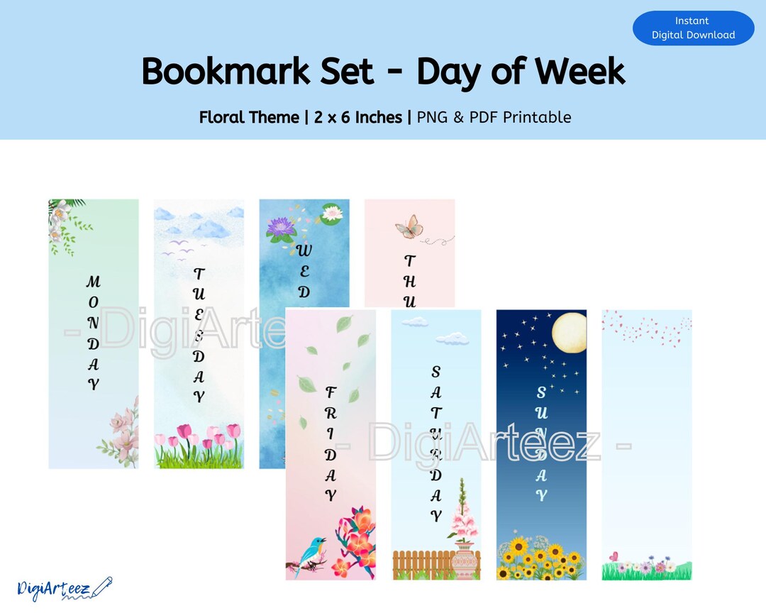 Days of Week Printable Bookmarks Digital Download PNG Bookmark Set PDF ...