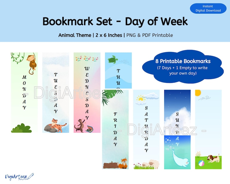 7 Days of Week Animal Theme Bookmarks, Digital Download PNG, Printable ...
