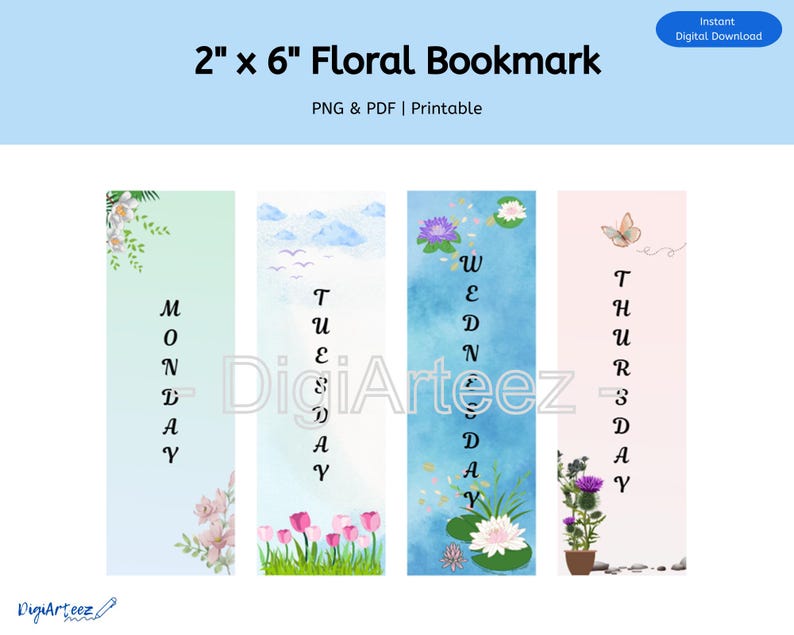 Days of Week Printable Bookmarks Digital Download PNG Bookmark Set PDF ...