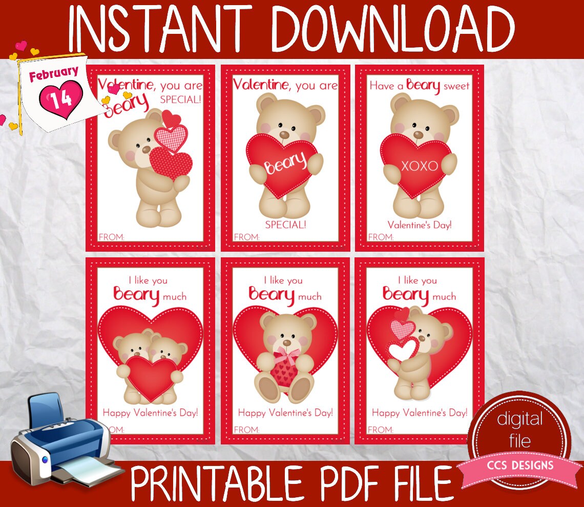 Kids Valentine Cards Bear Valentine Cards Kids Printable | Etsy