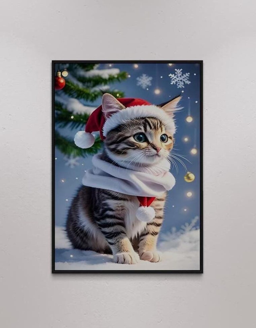 British Shorthair Grey Cat Christmas Wall Art, Red Santa Hat Canvas ...