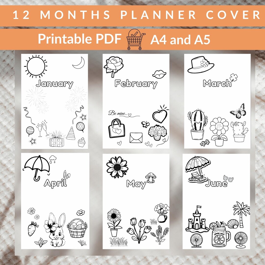 12 Month Title Pages Bundle, Bullet Journal Printable Monthly Cover ...
