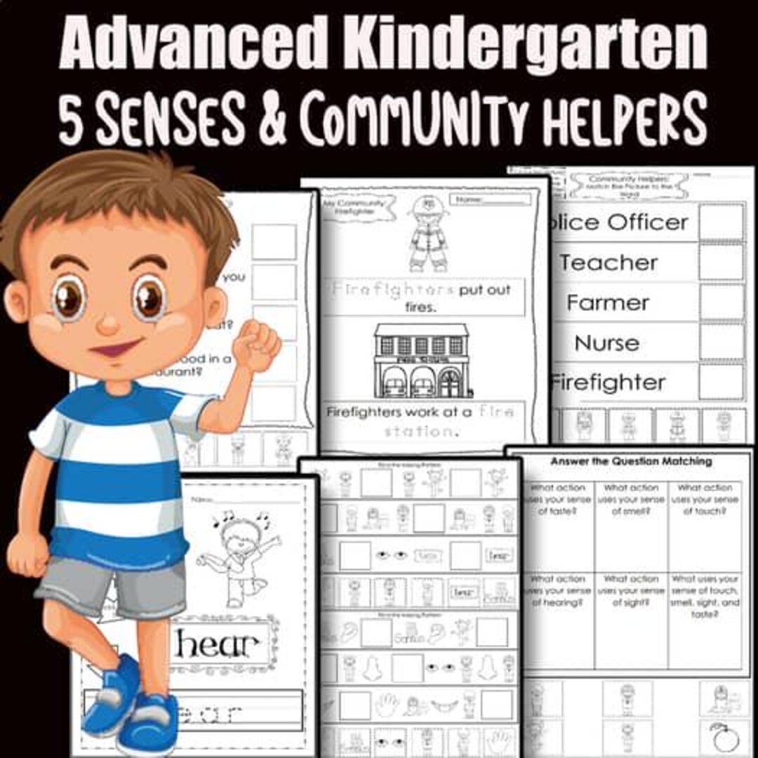 Advanced Kindergarten Activities Worksheets: Community Helpers 5 Senses ...