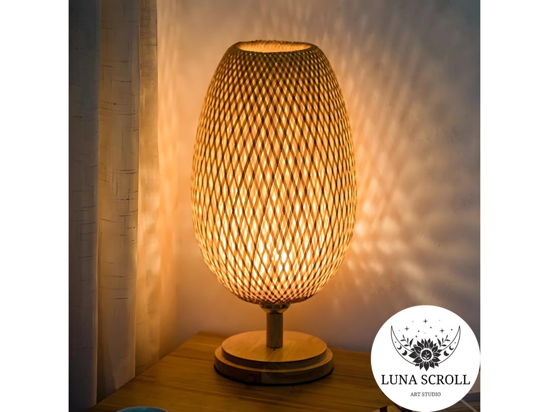 Eco-friendly Bamboo Weave Table Lamp - Handmade Wood Base Night Light ...