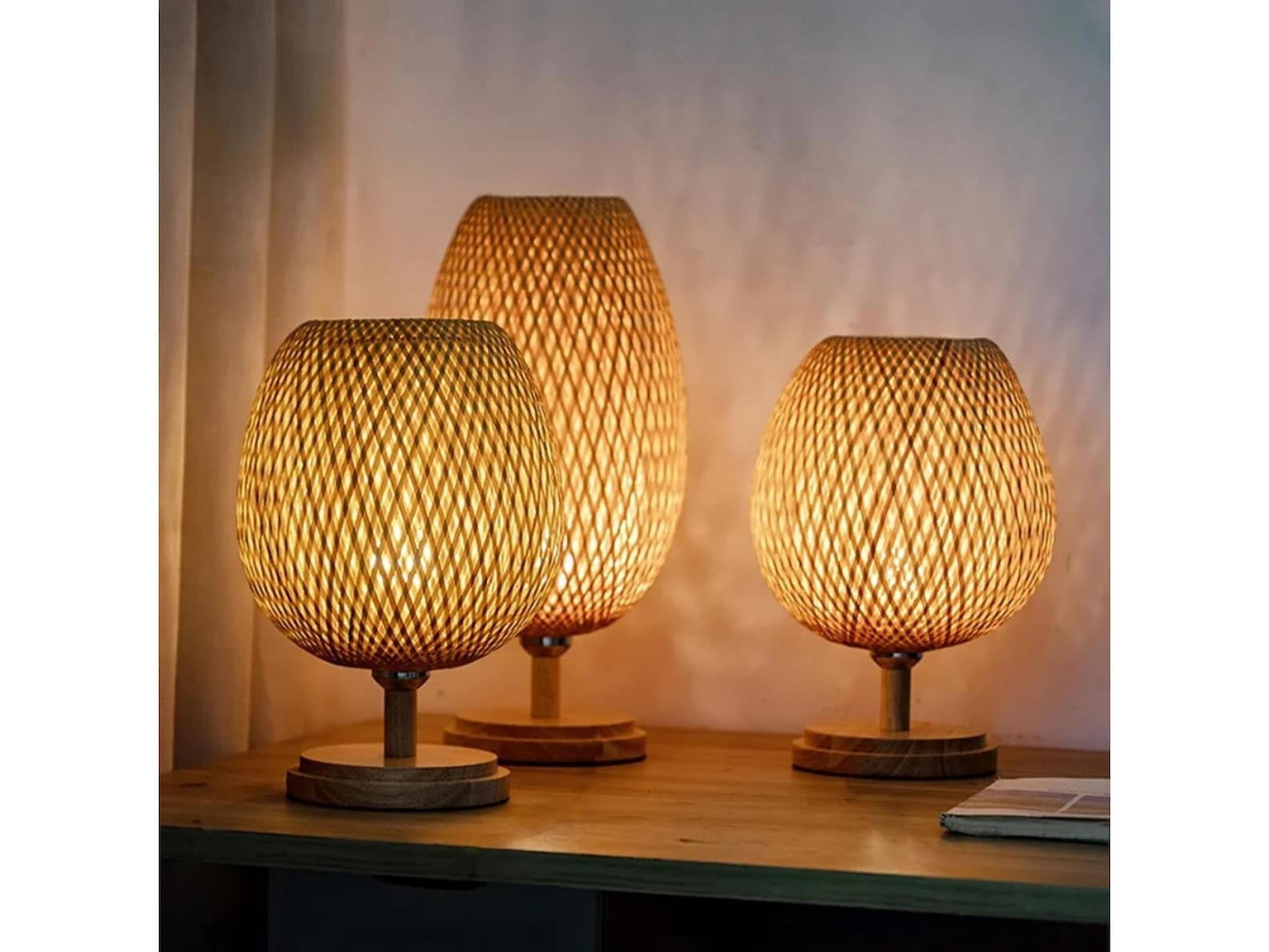 Eco-friendly Bamboo Weave Table Lamp - Handmade Wood Base Night Light ...