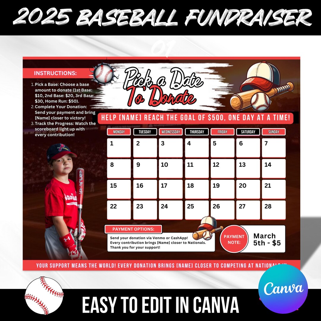 Baseball Fundraiser Calendar 2025, Pick a Date Baseball Fundraiser ...