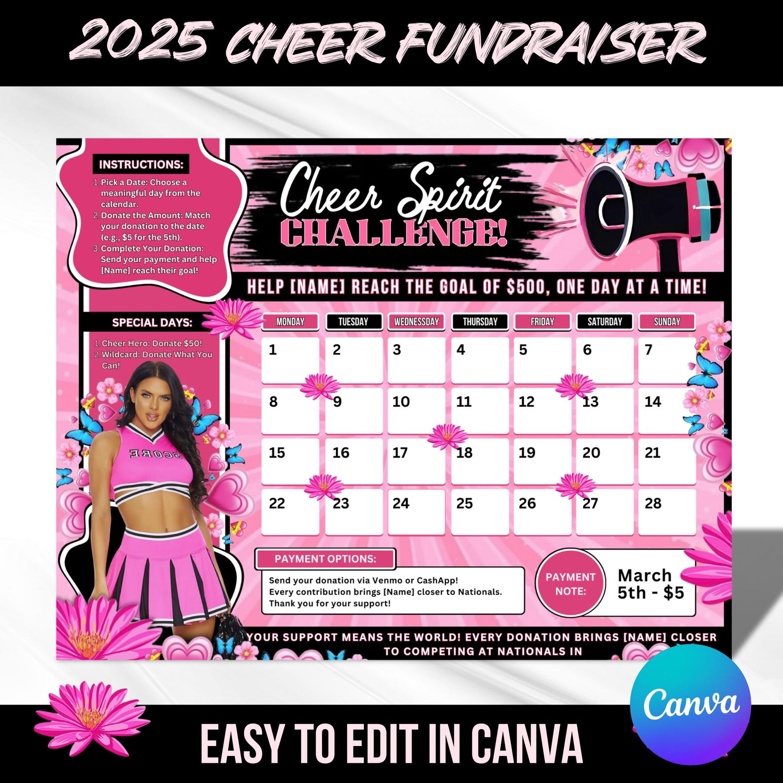 Editable Cheer Fundraiser Calendar, Pick A Date to Donate Cheer ...