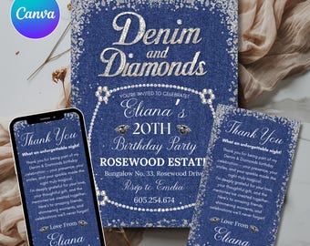 Denim and Diamonds Birthday Invitation, Editable Denim Birthday Dinner ...