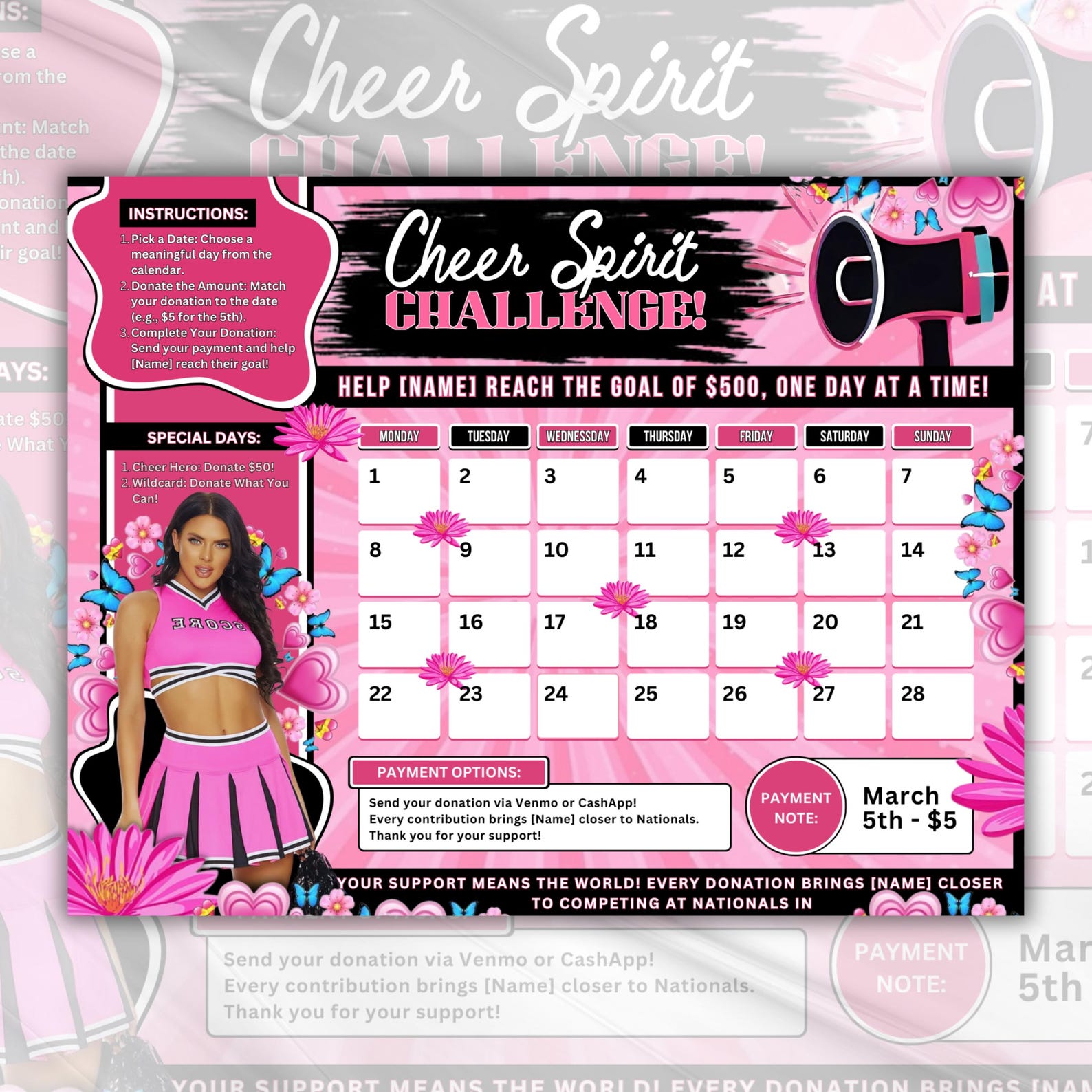 Editable Cheer Fundraiser Calendar, Pick A Date to Donate Cheer ...
