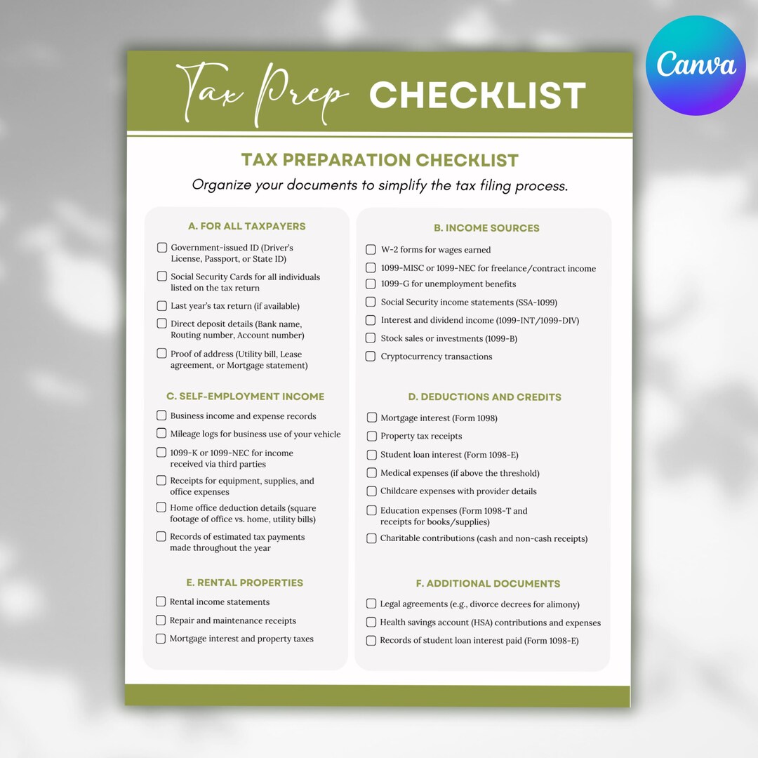 Tax Prep Checklist, Tax Checklist, Tax Organizer, Tax Preparation ...