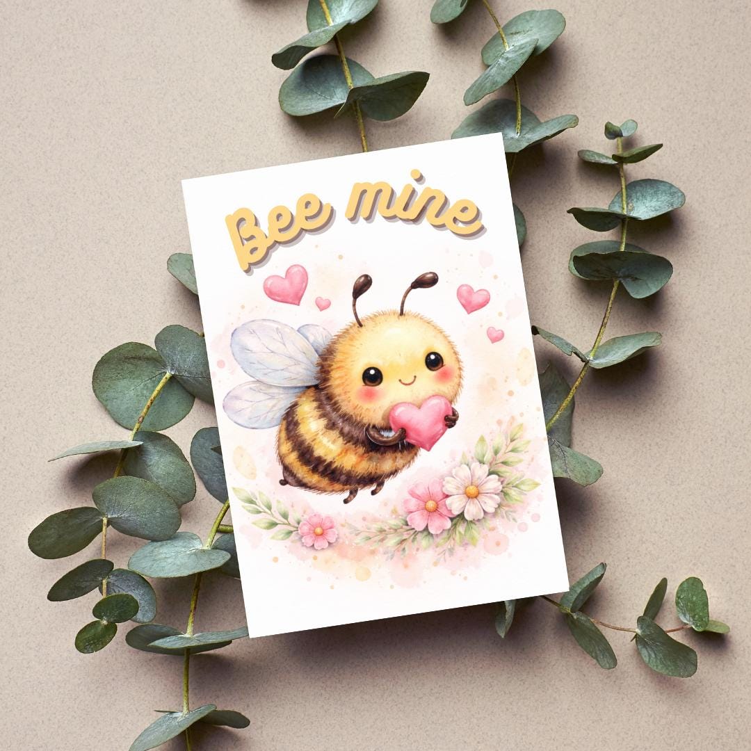 Bee Mine Valentine's Day Card, Watercolor Love Pun Greeting - Etsy