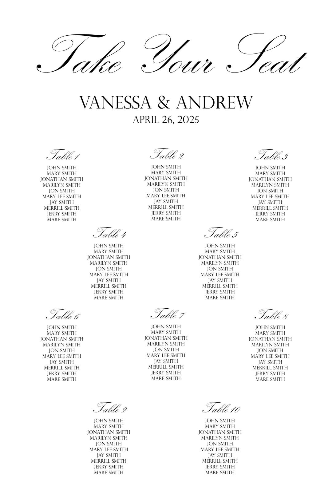 Wedding Seating Chart 10 Table 24 X 36 Template | Custom Wedding ...