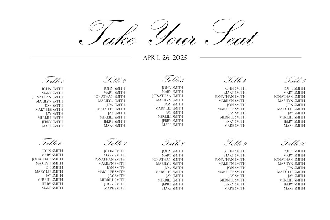Wedding Seating Chart 10 Table 36 X 24 Template | Custom Wedding ...
