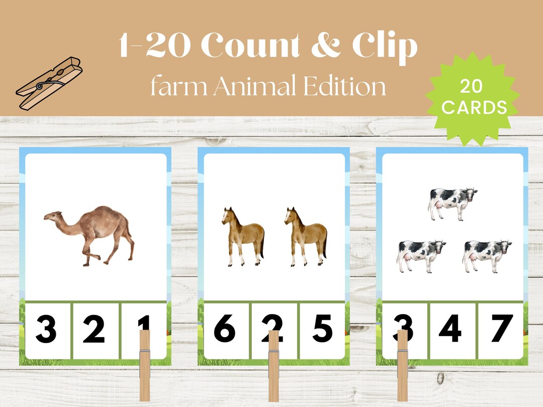 Farm Animal Count and Clip Cards 1-20 Printable Educational Activity ...