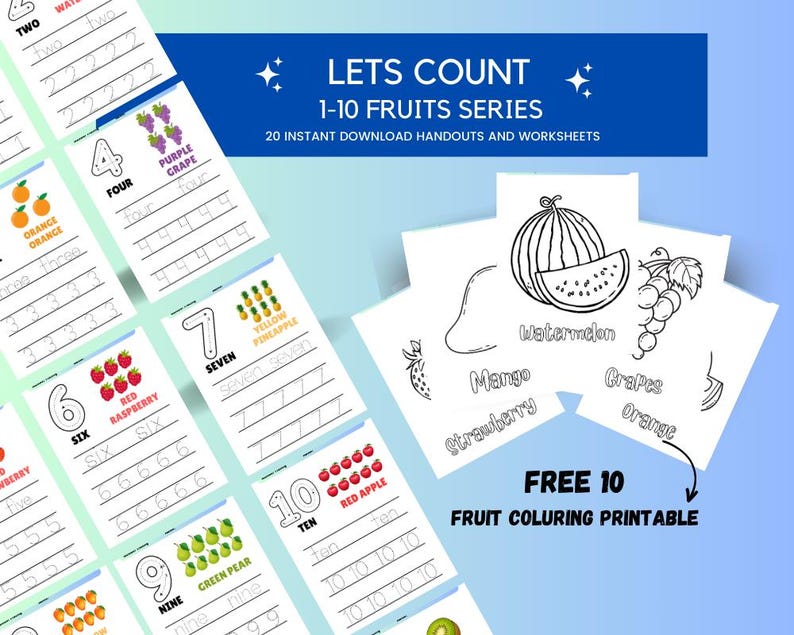 Printable Counting 1-10 Worksheets Fruits Edition + Free Fruit Coloring ...
