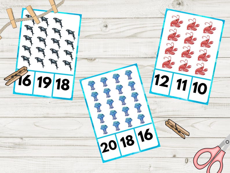 Sea Creatures Count and Clip Cards 1-20 Printable Ocean-themed ...
