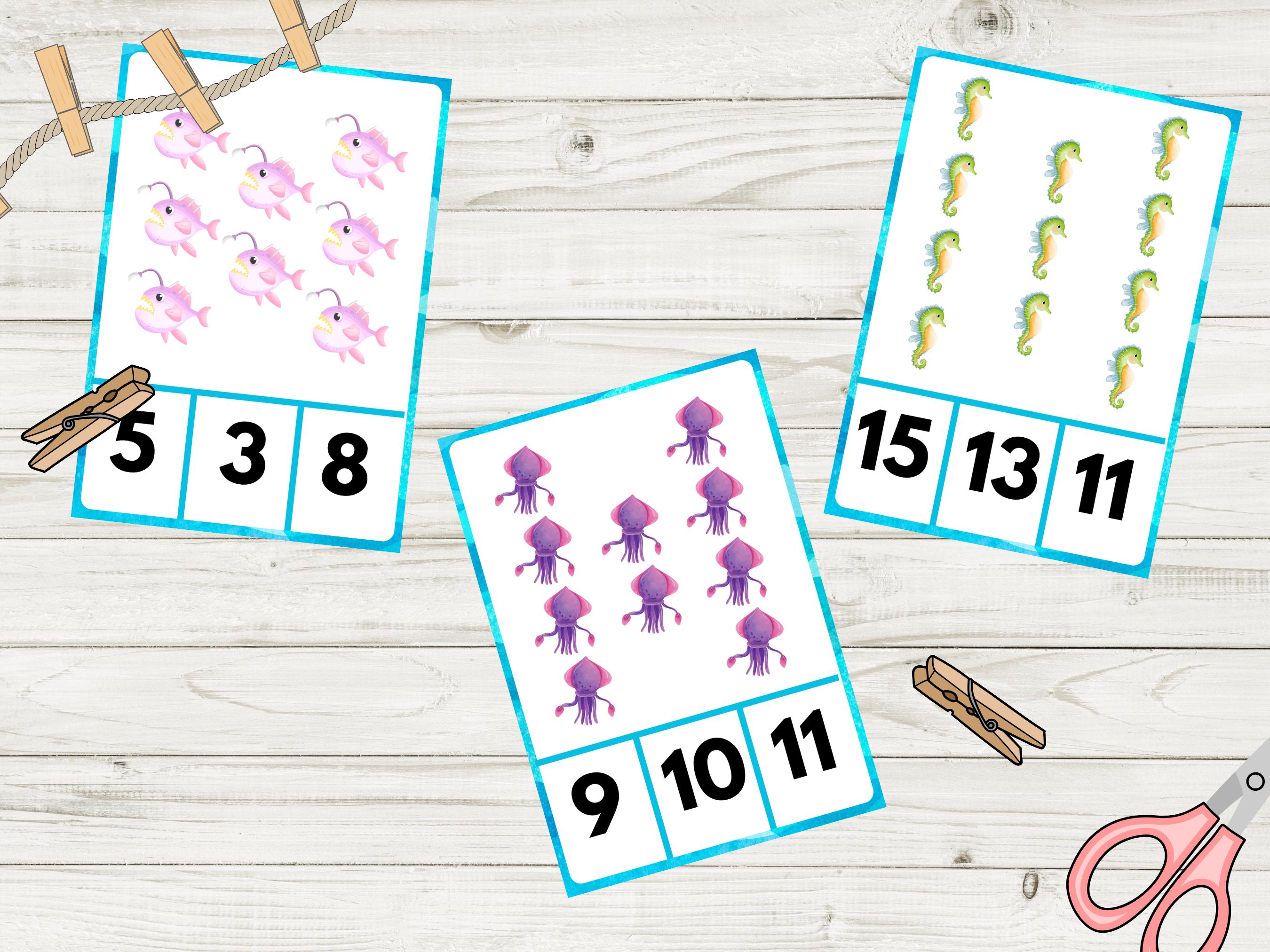 Sea Creatures Count and Clip Cards 1-20 Printable Ocean-themed ...
