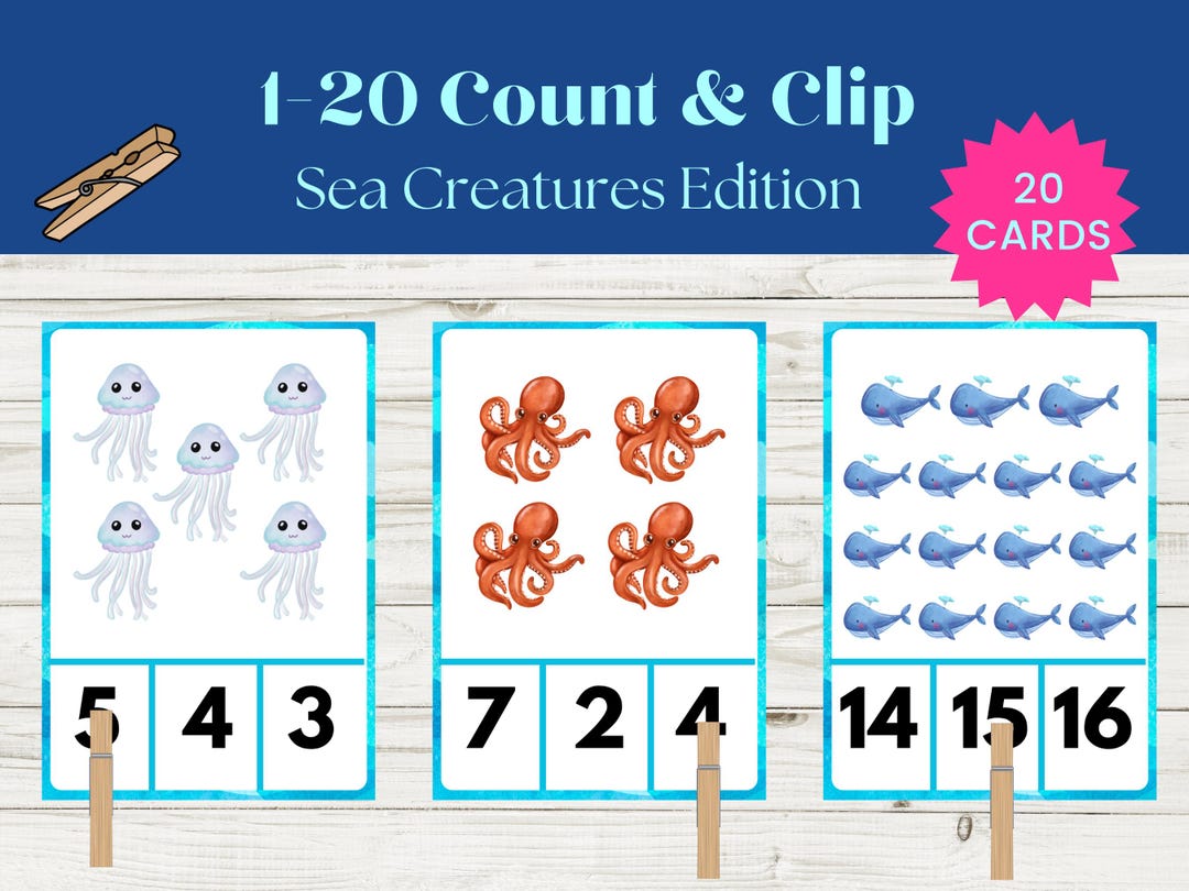Sea Creatures Count and Clip Cards 1-20 Printable Ocean-themed ...