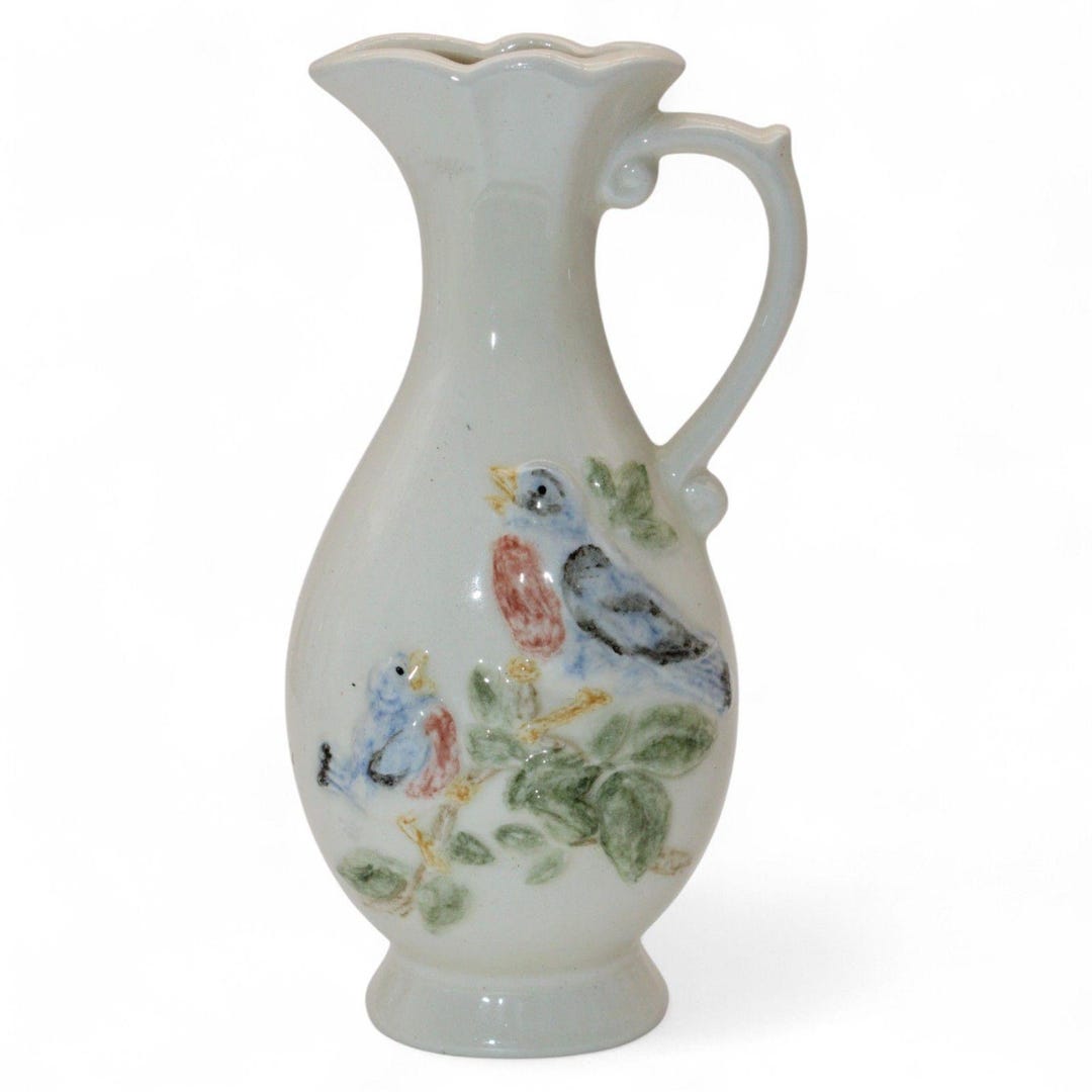Vintage Ceramic Pitcher With Hand-painted Birds & Floral Design by ...