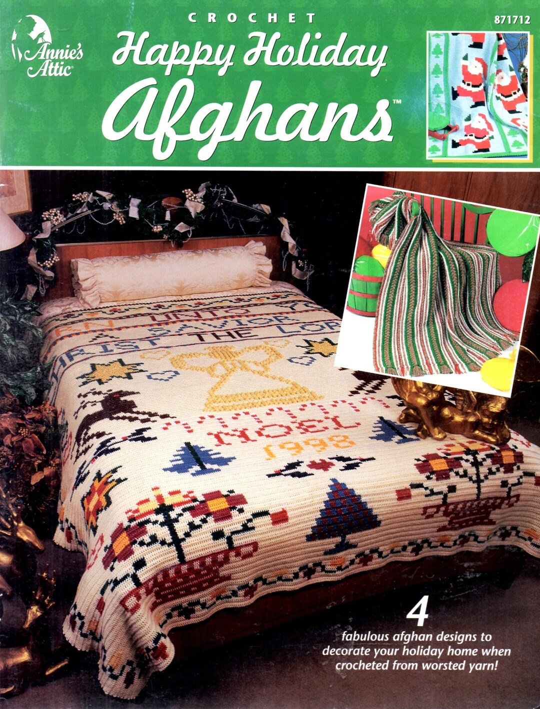 Happy Holiday Afghans Crochet Santa Claus Angel Tree Poinsettias Red ...