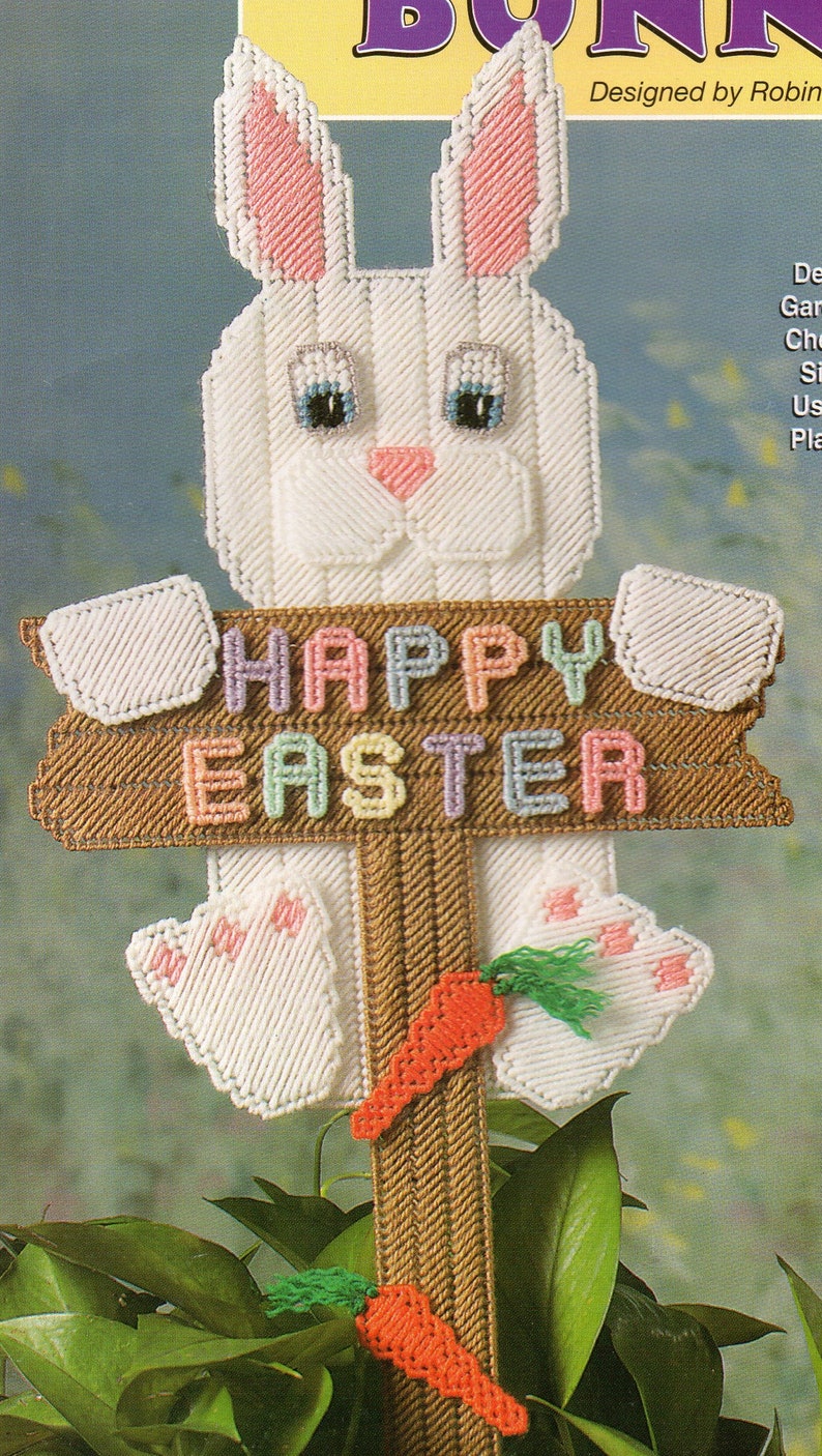 Garden Sign Bunny Happy Easter Plastic Canvas Needlepoint Embroidery Craft Pattern Leaflet ...