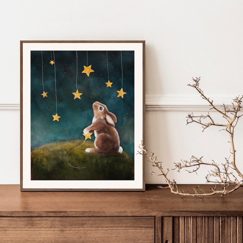 Bunny Nursery Print Rabbit Under a Starry Night Sky Wall Art - Etsy