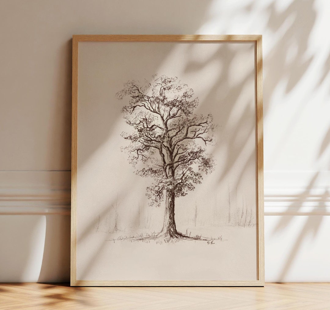 Oak Tree Pencil Sketch, Hand Drawn Oak Print, Minimal Neutral Wall ...