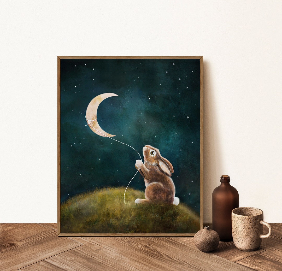 Bunny Nursery Print, Rabbit and Moon Painting, Goodnight Moon Artwork ...