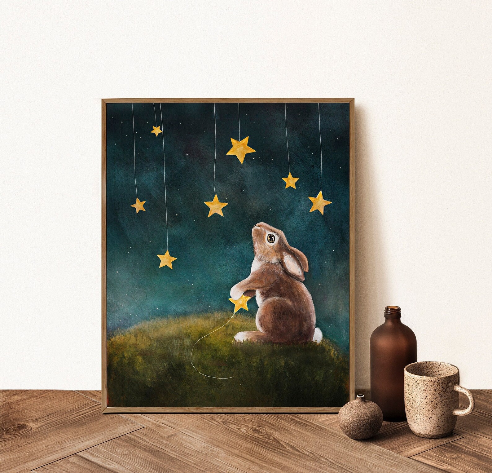 Bunny Nursery Print Rabbit Under a Starry Night Sky Wall Art - Etsy