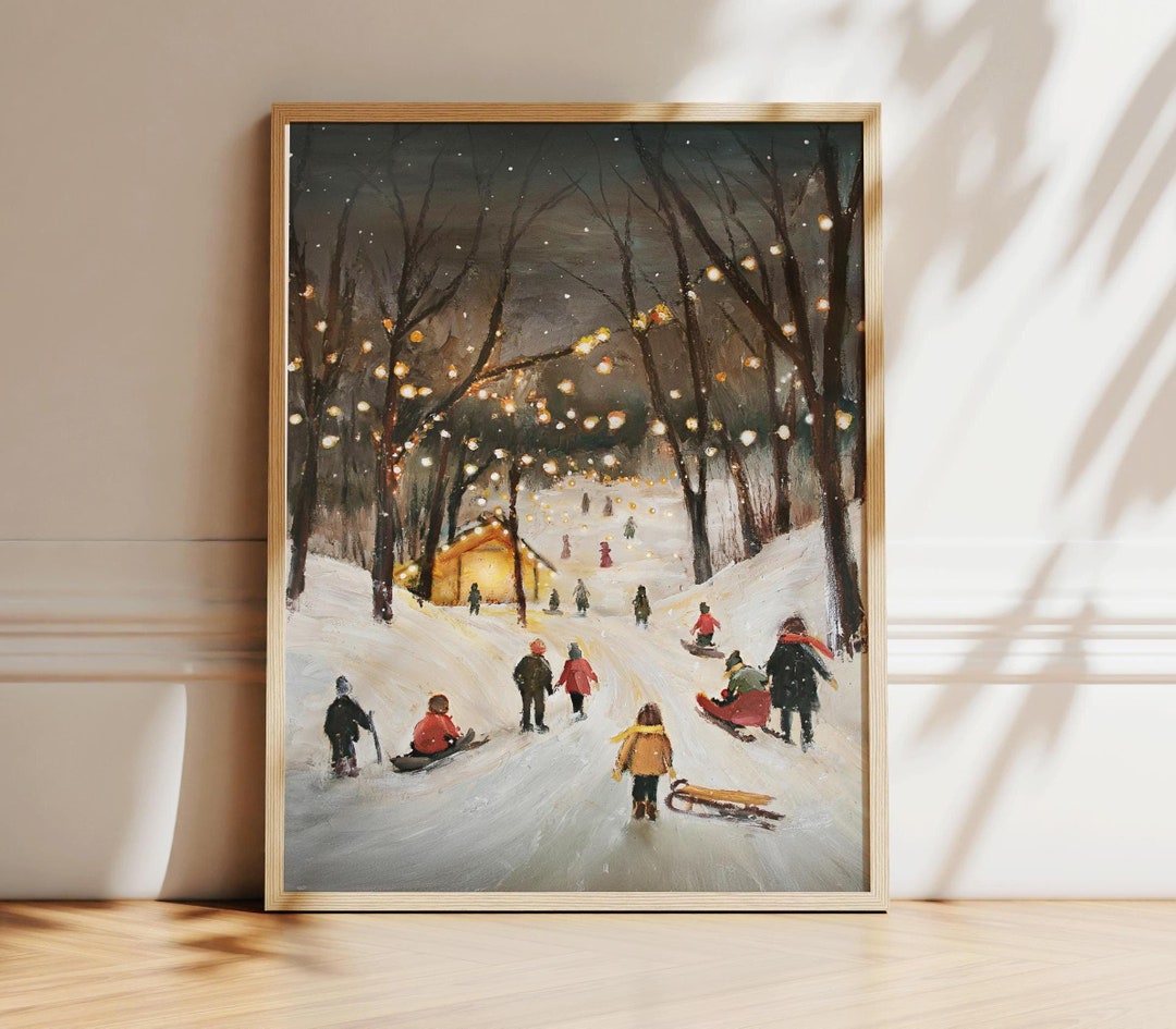 Cozy Winter Sledding Print, Vintage Style Oil Painting, Twinkle Lights ...