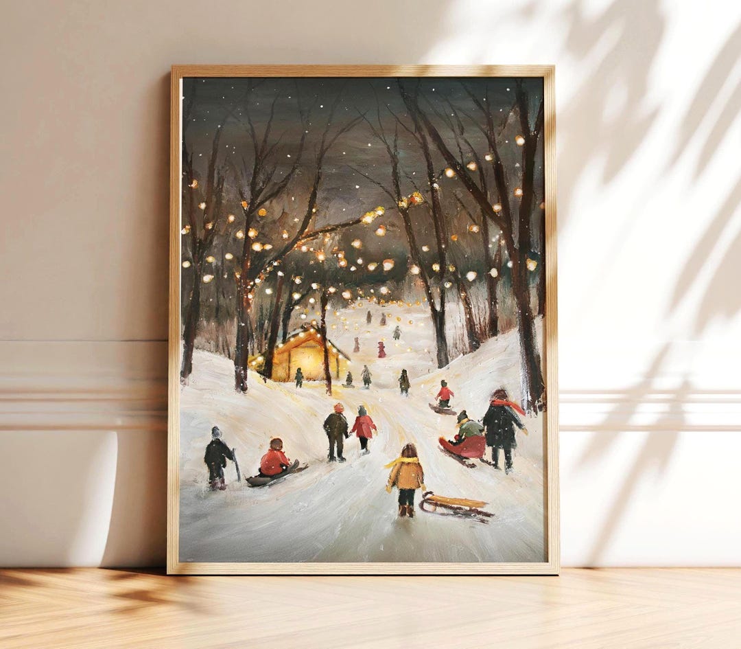 Cozy Winter Sledding Print, Vintage Style Oil Painting, Twinkle Lights ...
