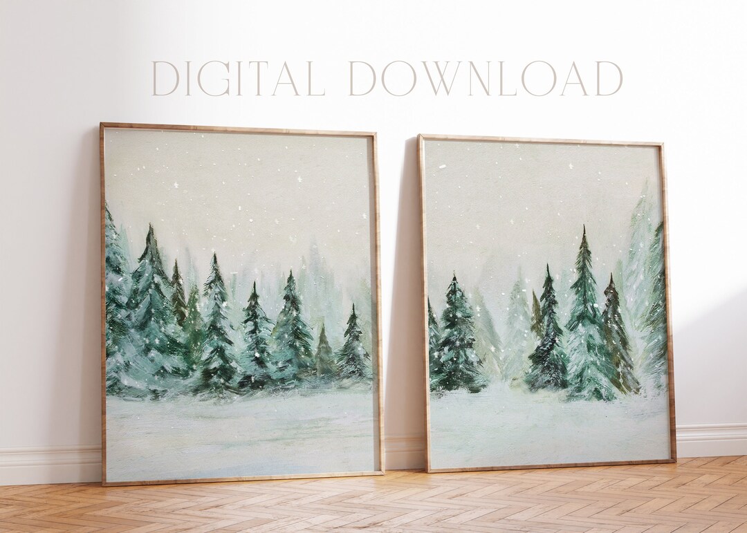 Snowy Pine Trees Printable, Snow Woods Painting, Winter Wall Décor ...
