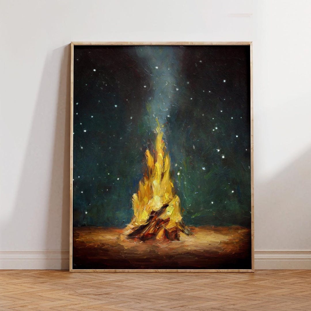Campfire Wall Art Print, Forest Camping Painting, Tent Artwork, Cozy ...