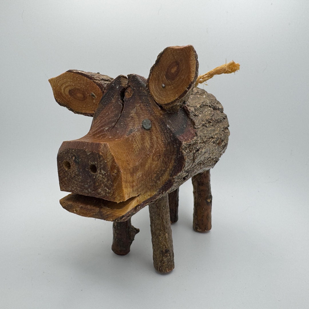 Vintage Handmade Pig, Carved Wooden Log - Etsy