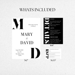 Bold Modern Editable Wedding Invitation Template Suite, Black and White ...
