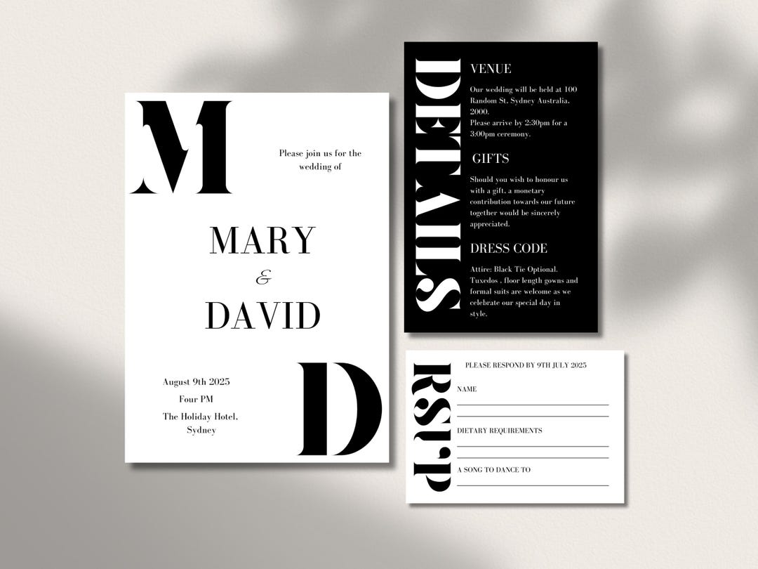 Bold Modern Editable Wedding Invitation Template Suite, Black and White ...